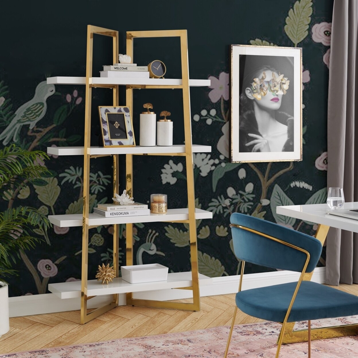 Inspired Home Kanoa Etagere Bookshelf-Bookcase-4 Shelves-High Gloss Lacquer Finish-Polished ...