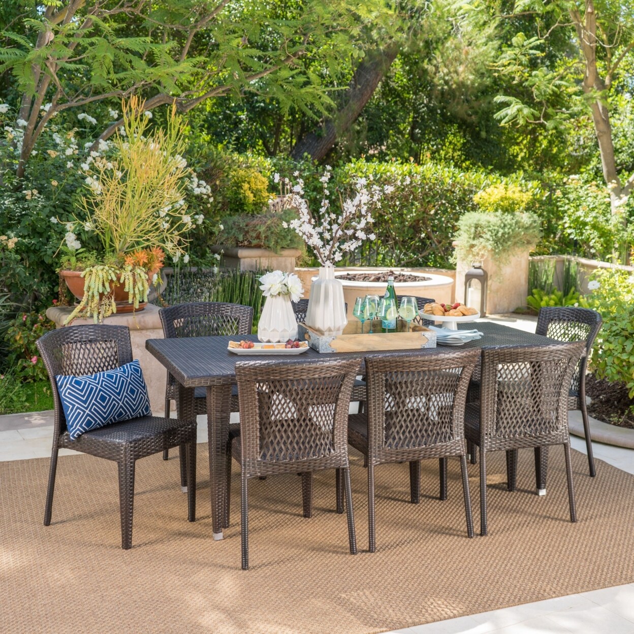 GDFStudio Beach Lane Outdoor 9 Piece Multi-brown Wicker Dining Set ...