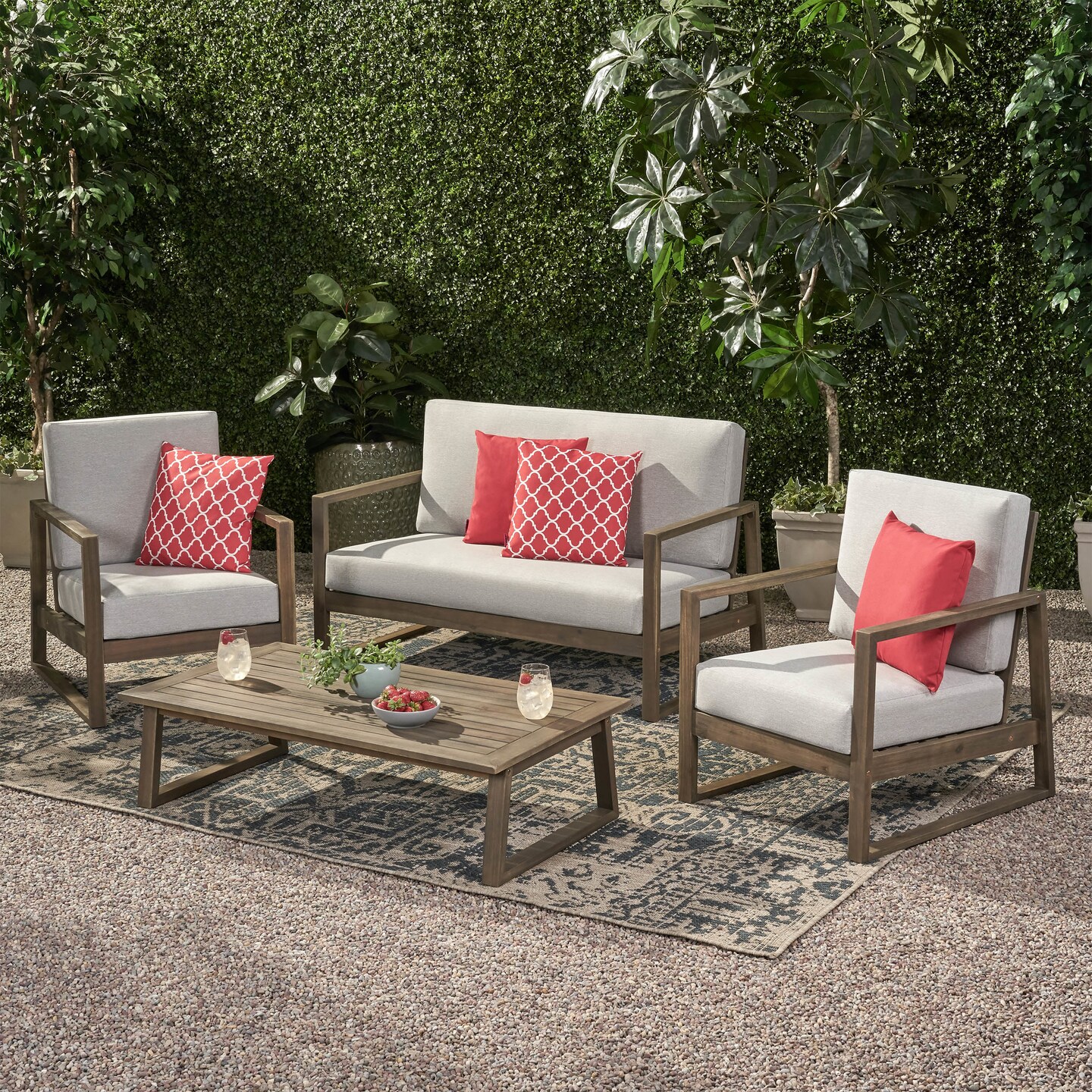 GDFStudio Regina Outdoor Acacia Wood 4 Seater Chat Set with Coffee ...