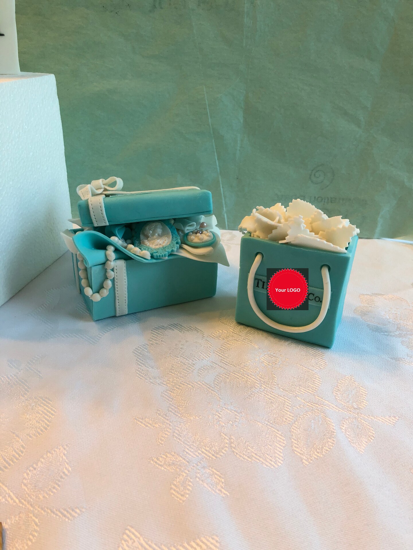 Turquoise Set of two items, Gift box and bag cake topper. Hand crafted ...