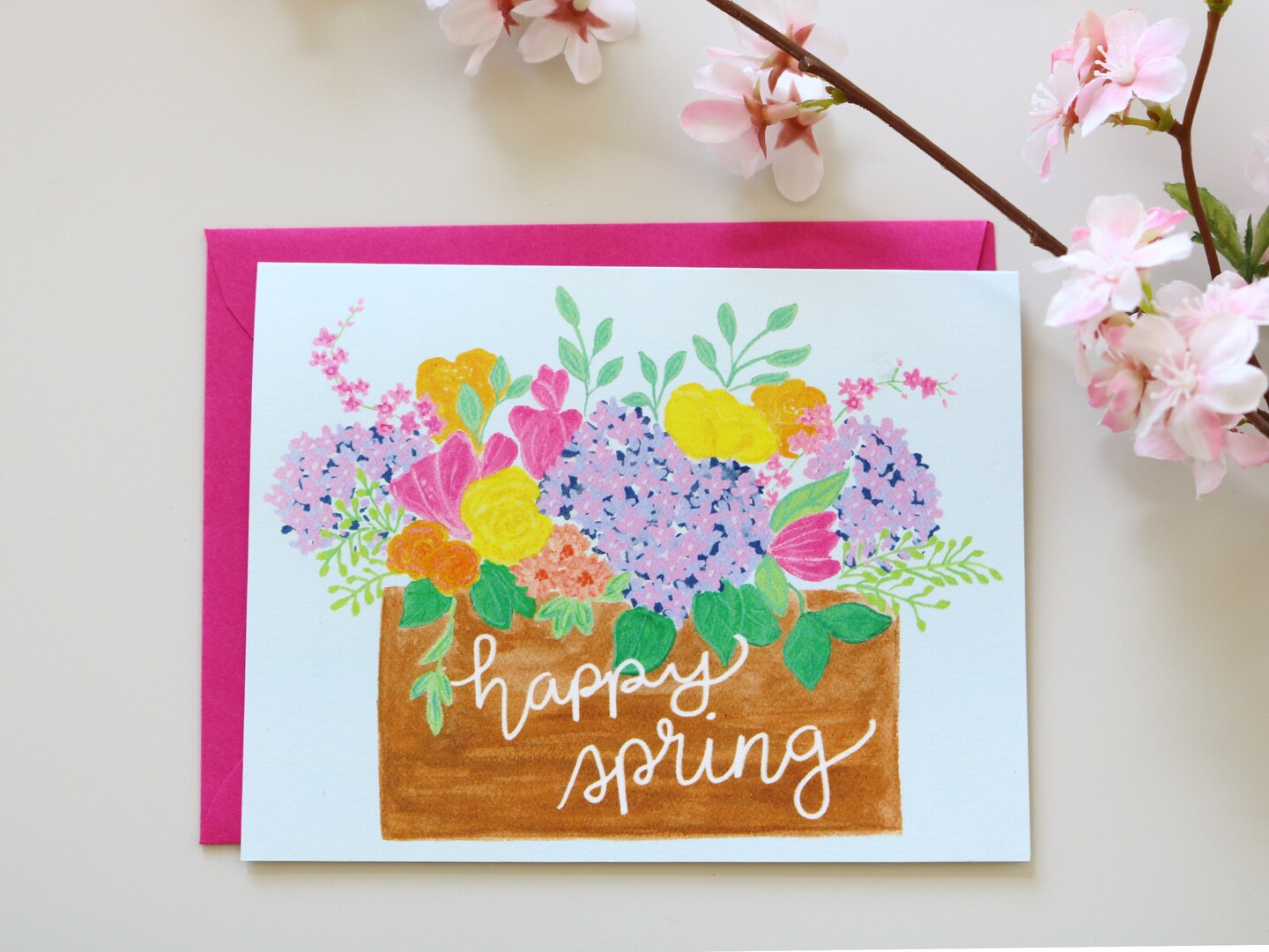 Happy Spring Greeting Card | Flower Box Floral Stationery, Botanical ...