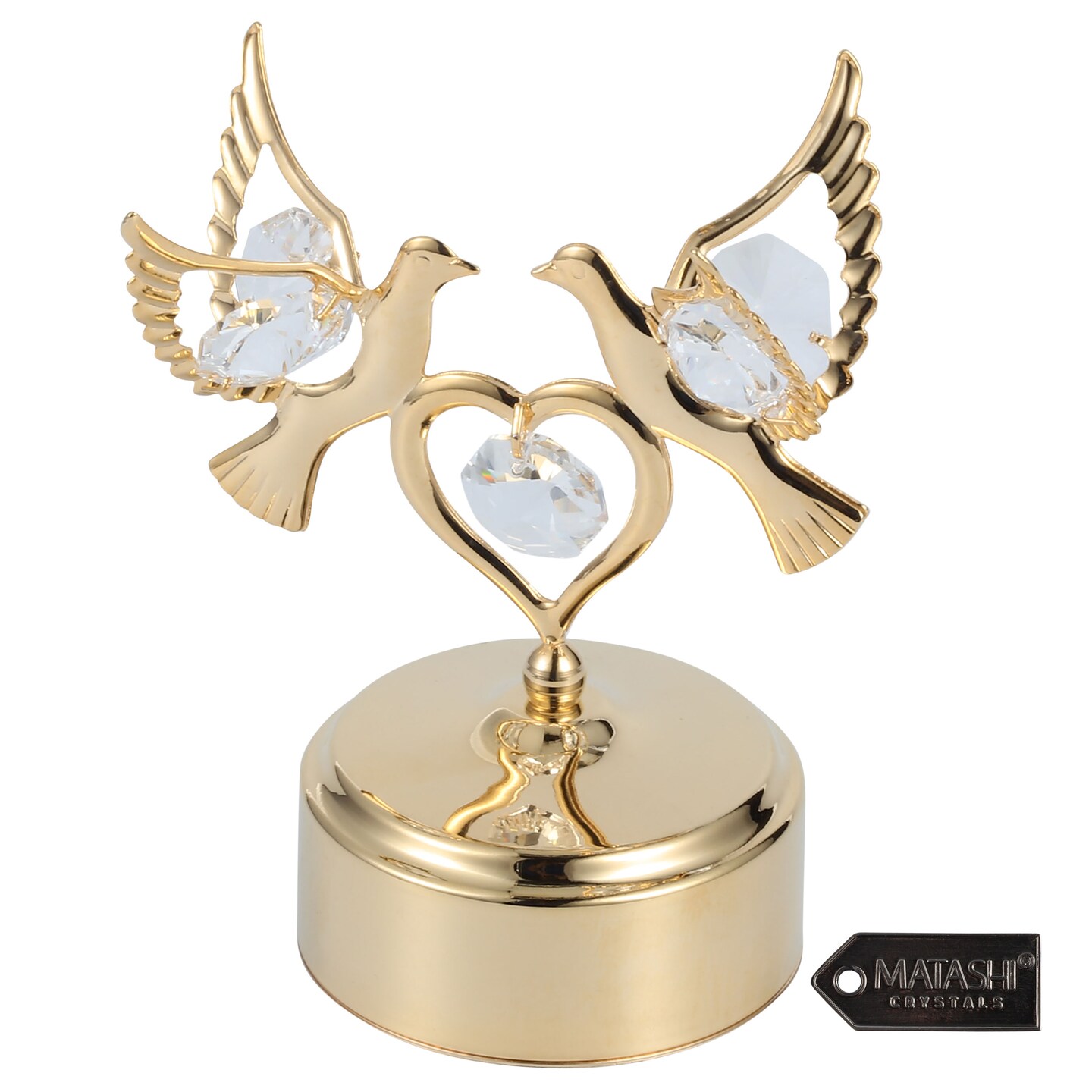 24K Gold Plated Music Box With Crystal Studded Love Doves Figurine On A ...