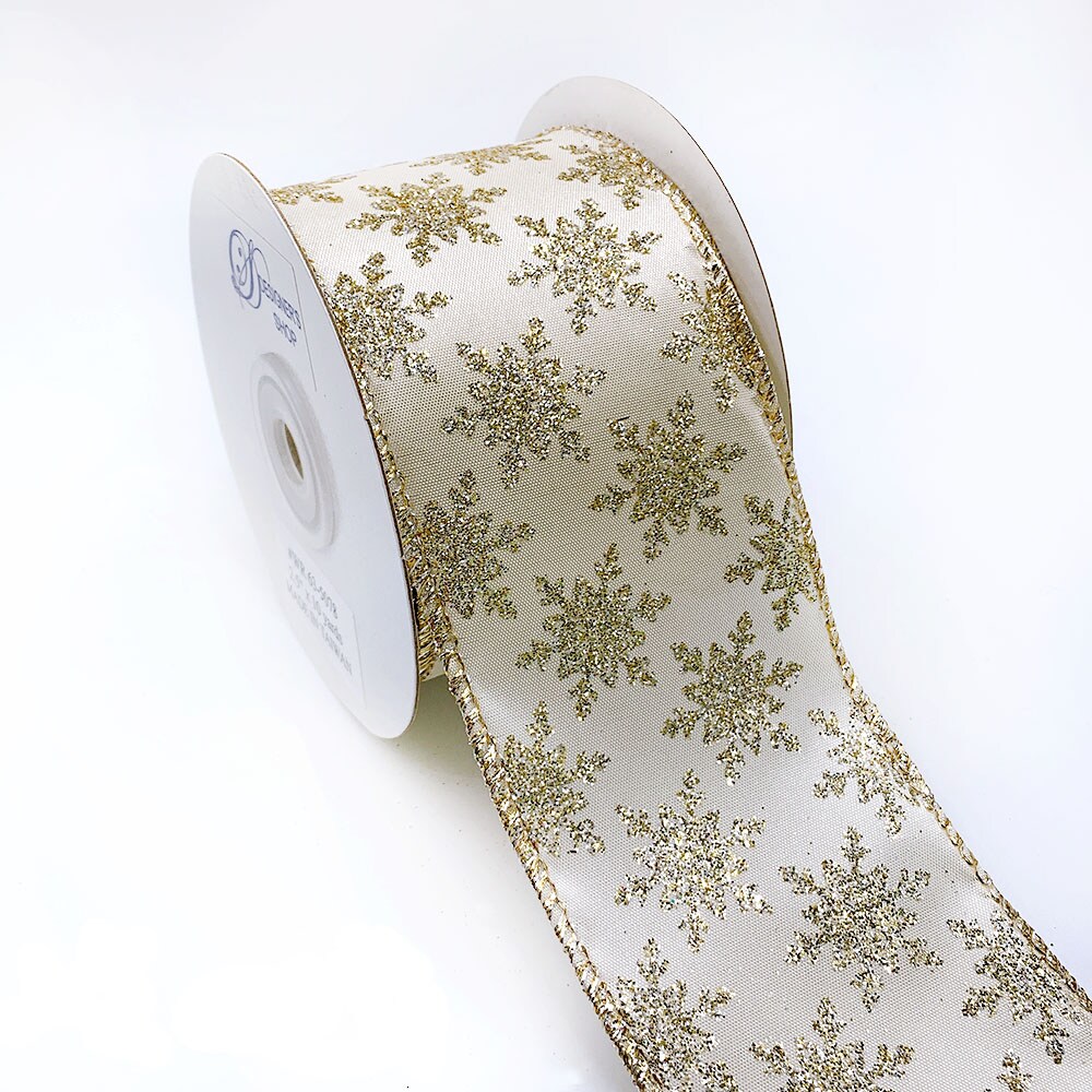 WR 63-5078 2.5” x 10 yard Metallic Gold Glitter Snow Flake Gold Satin ...