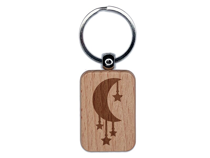 Moon with Hanging Stars Engraved Wood Rectangle Keychain Tag Charm ...