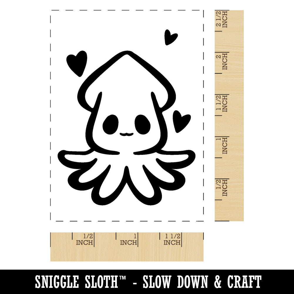Cute Kawaii Squid with Hearts Sea Life Tentacles Rectangle Rubber Stamp ...