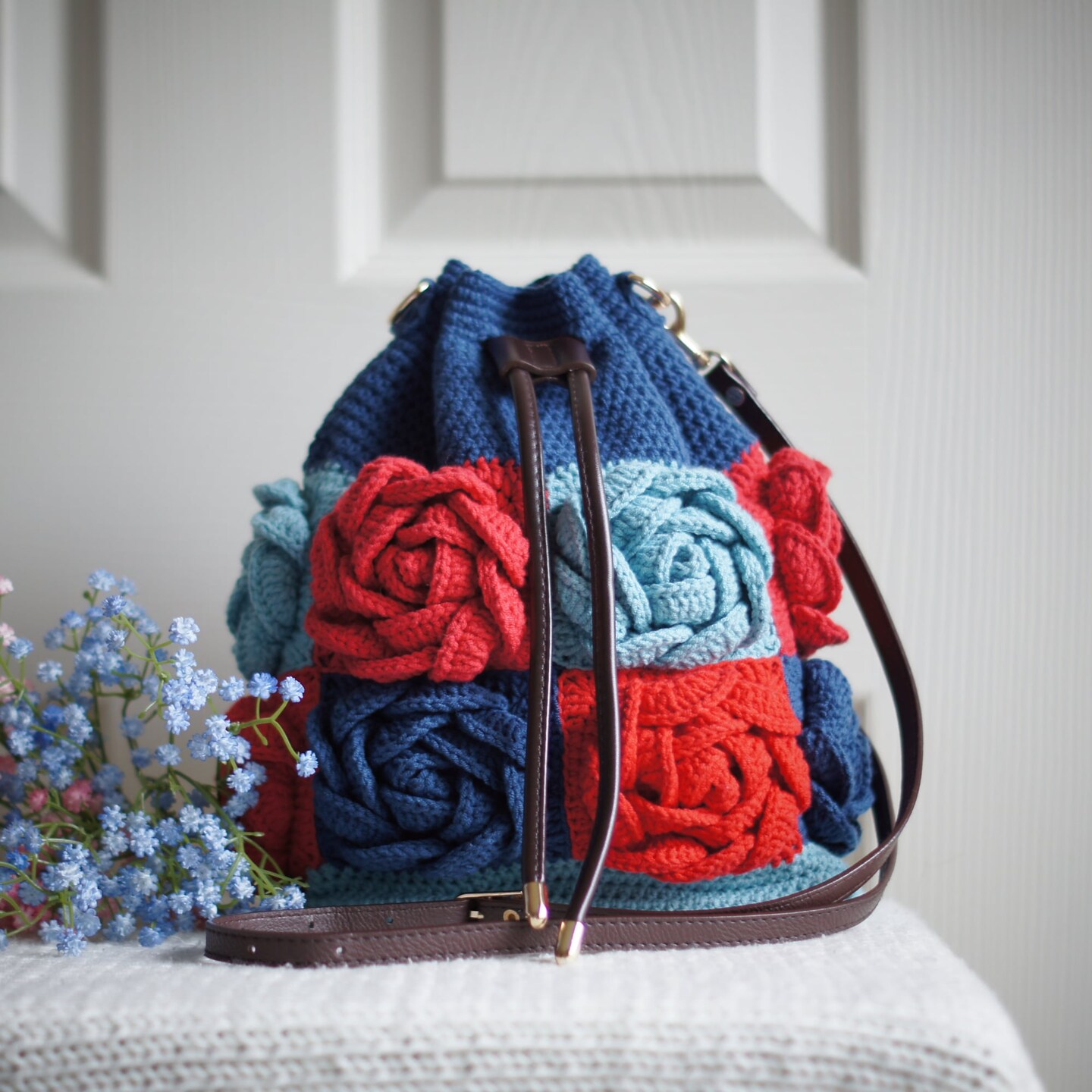 Rose Crochet Drawstring Bag: Red and Blue Blooming Roses with Faux ...