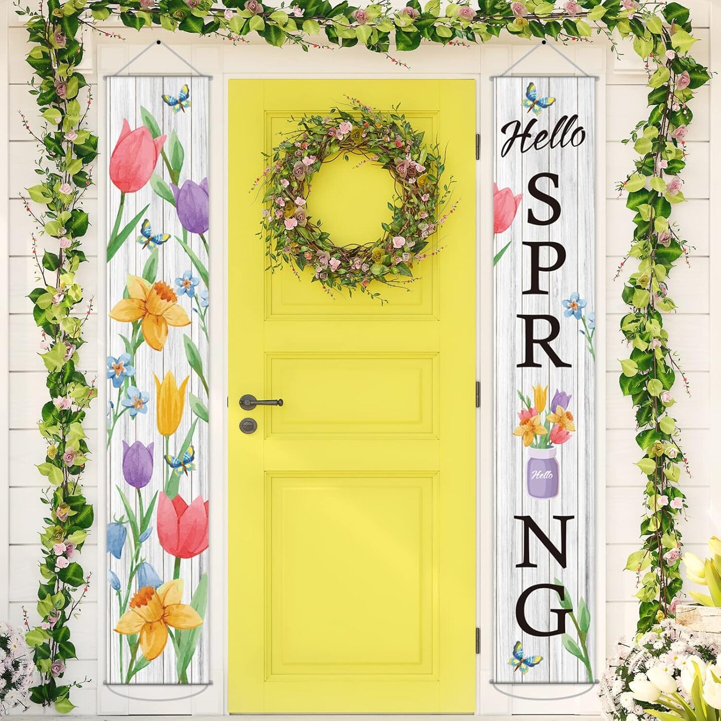 Hello Spring Watercolor Floral Porch Sign Banner Door Sign Decorations ...
