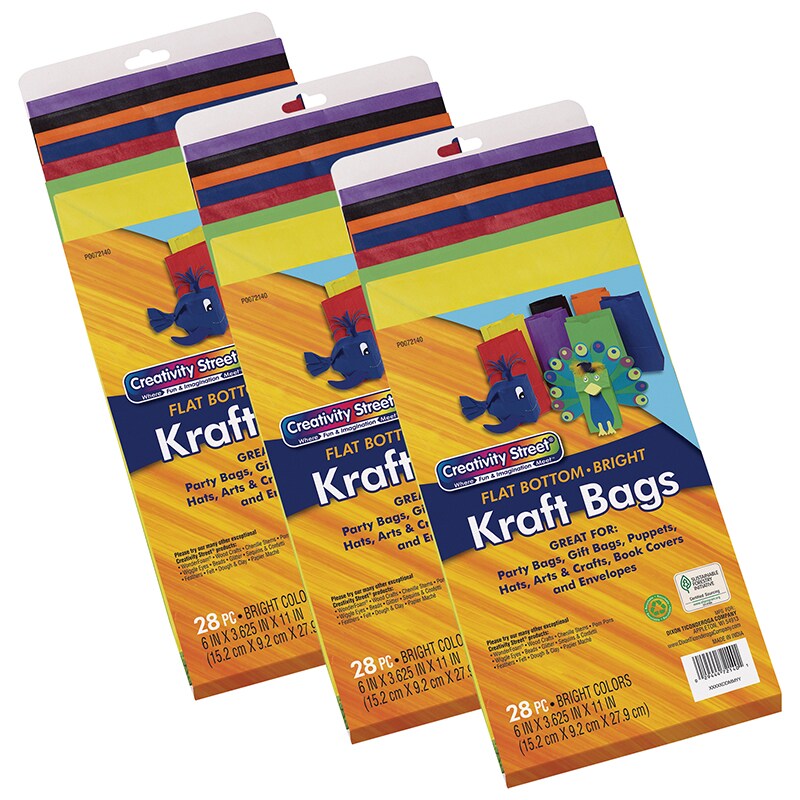Kraft Bag, Assorted Bright Colors, 6" x 3-5/8" x 11", 28 Per Pack, 3 ...