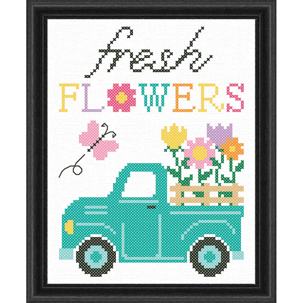 Herrschners Trucking Fresh Flowers Kit & Frame Stamped Cross-Stitch ...