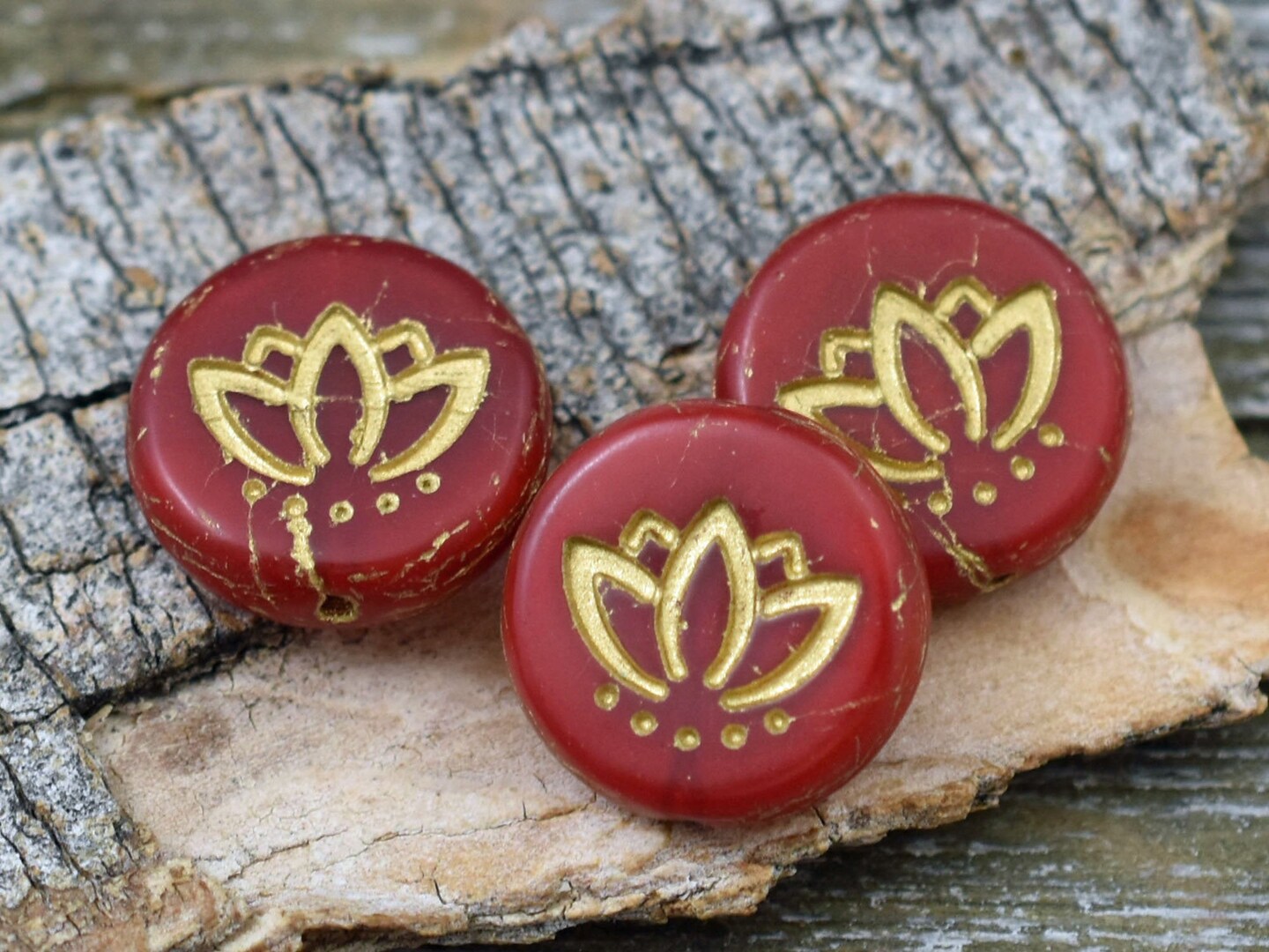 *4* 14mm Gold Washed Matte Red Opaline Lotus Flower Coin Beads | Michaels