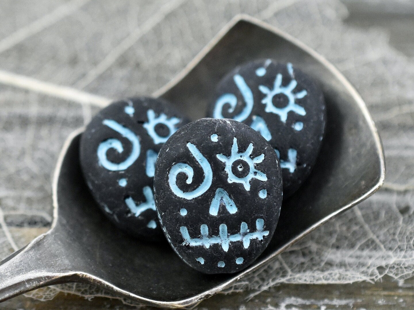 *4* 15x13mm Turquoise Washed Matte Black Voodoo Face Beads | Michaels