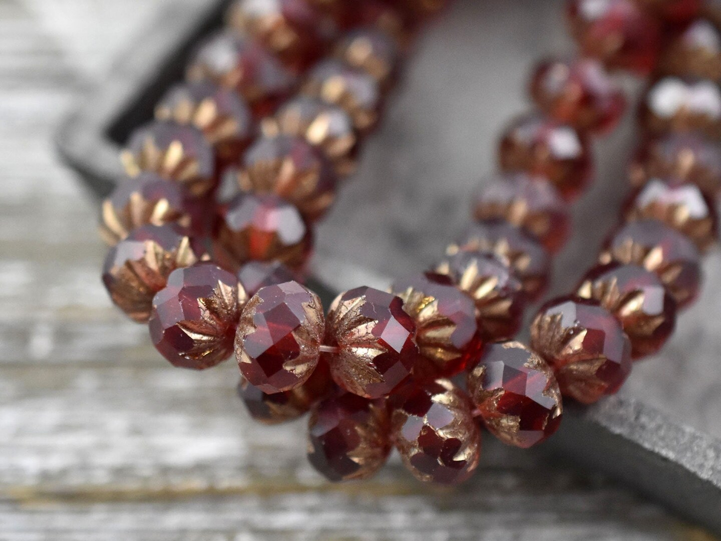 *10* 7x10mm Etched Bronze Washed Ruby Red Fire Polish Cruller Rondelle ...