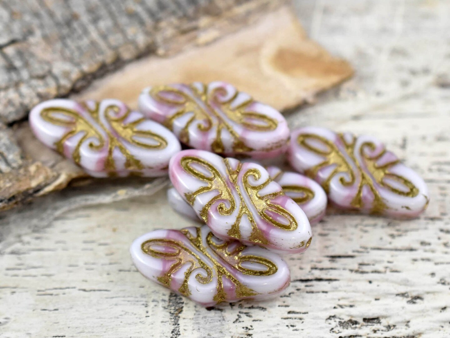 *6* 19x9mm Bronze Washed Blended Matte Pink & White Arabesque Beads ...