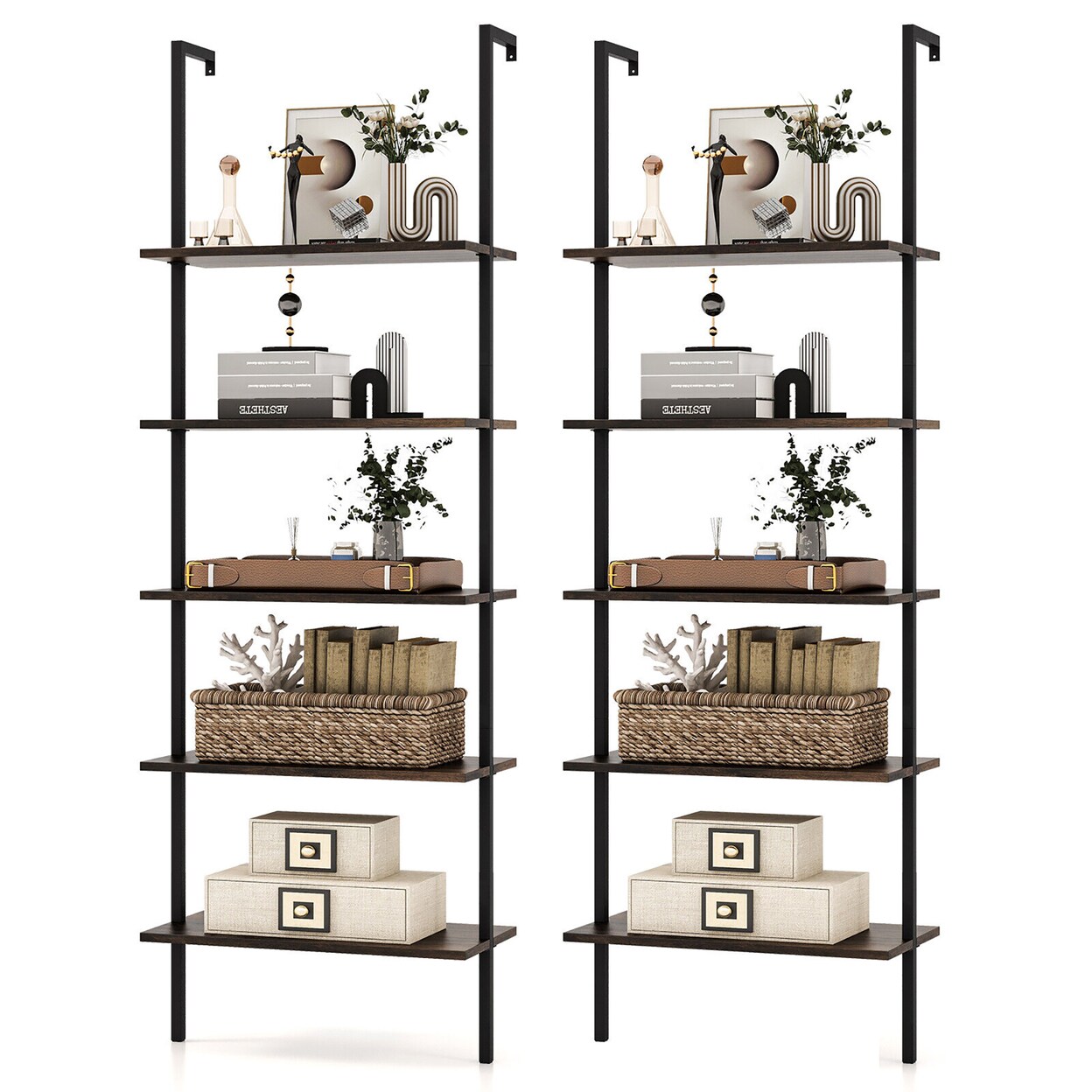 2 Pcs 5 Tier Ladder Shelf 71 Wall-Mounted Bookshelf Display Storage ...