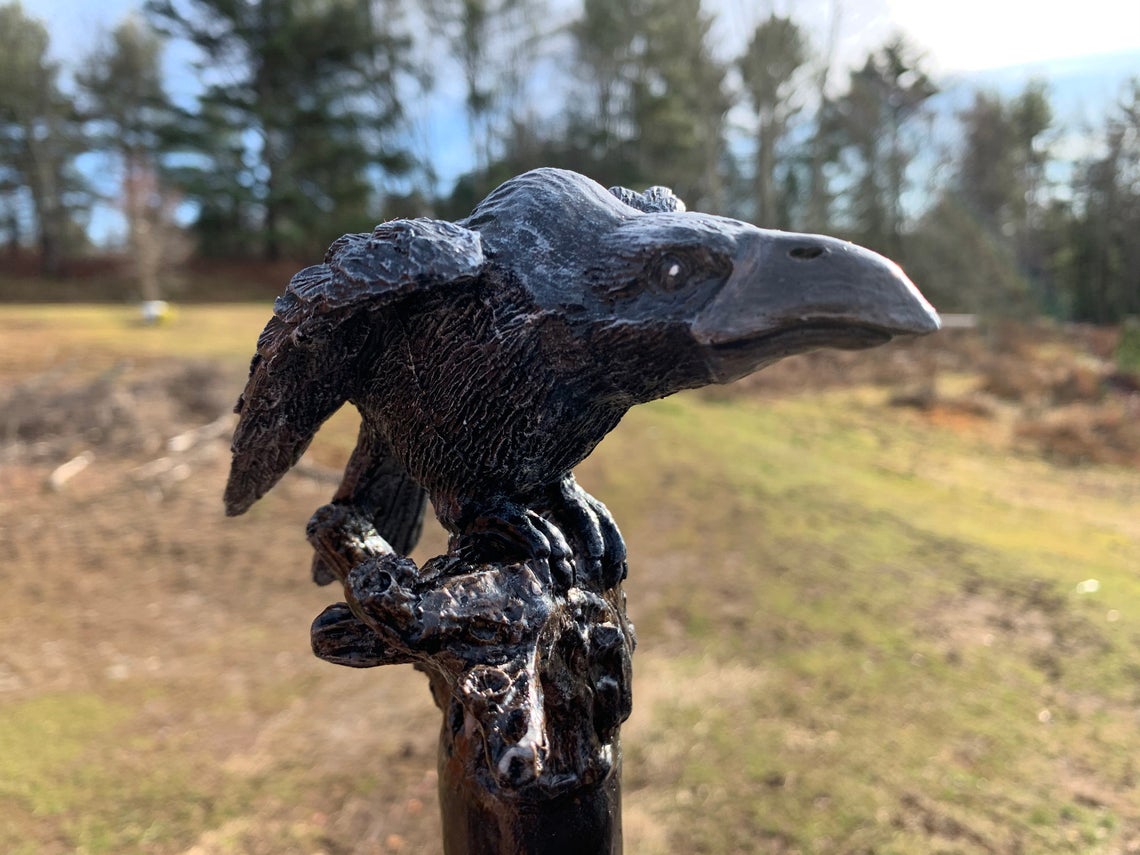 Perched Raven On A Gnarled Tree Branch Hand Carved Spiral Walking Stick ...