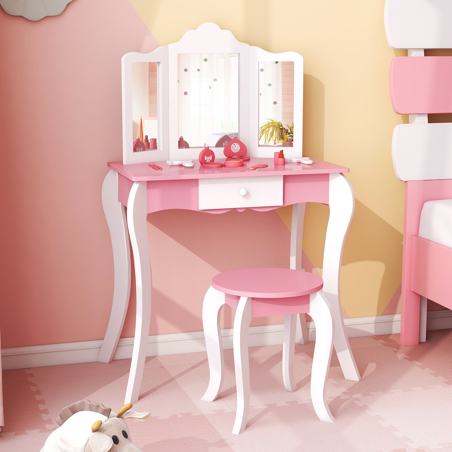 Kid's Wooden Vanity Table And Stool Set With 3-panel Acrylic Mirror ...