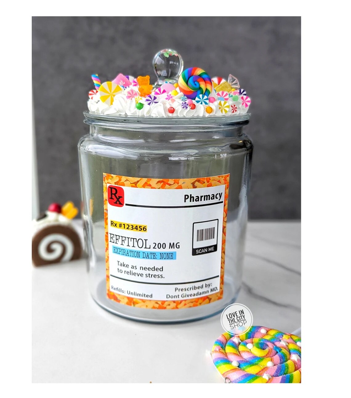 Custom Glass Funny RX Candy Jar with Fake Frosting Topper, Personalized ...