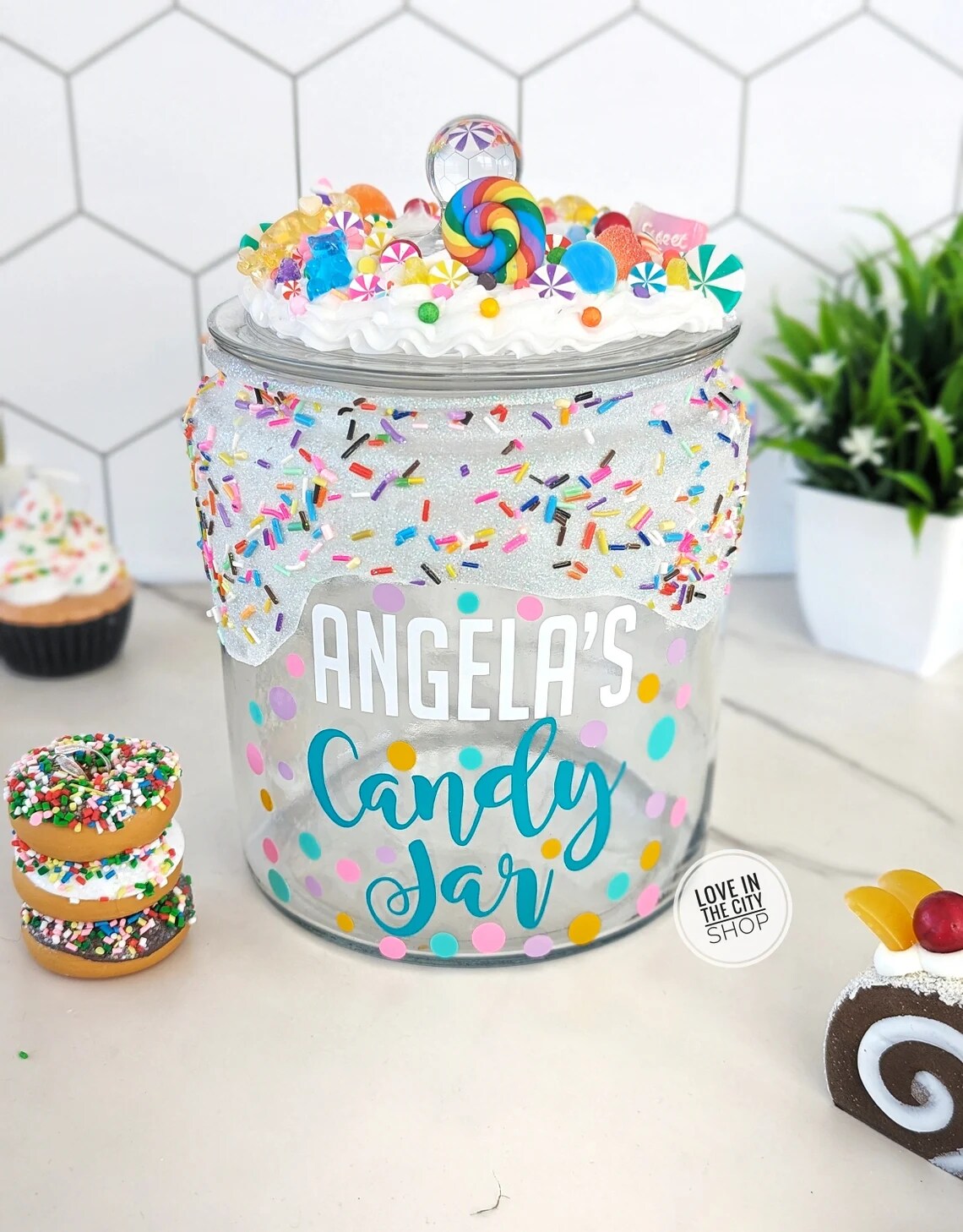 Custom Glass Candy Candy Jar with Faux Frosting Lid, Personalized ...