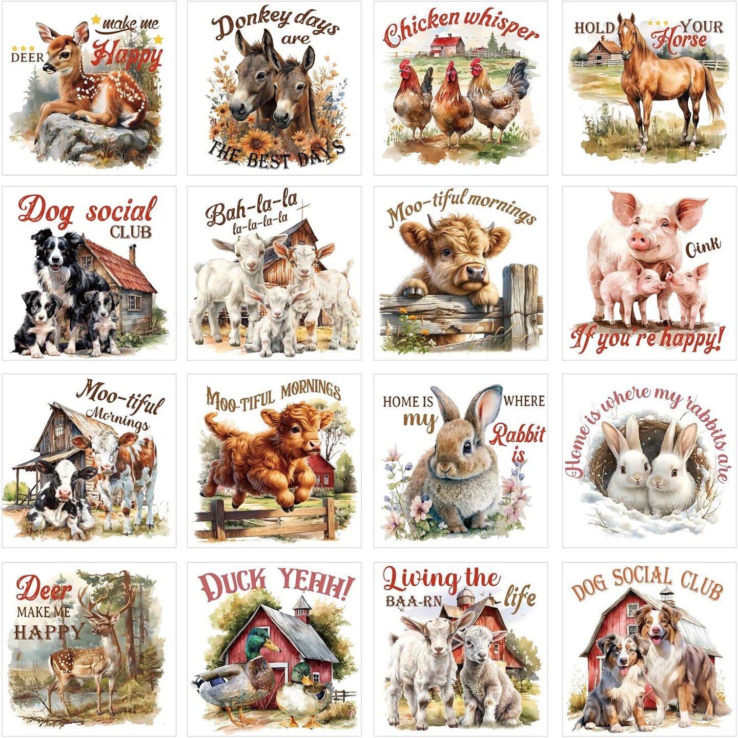 16 Sheets Retro Farm Country Animals Rub on Transfer for Furniture ...