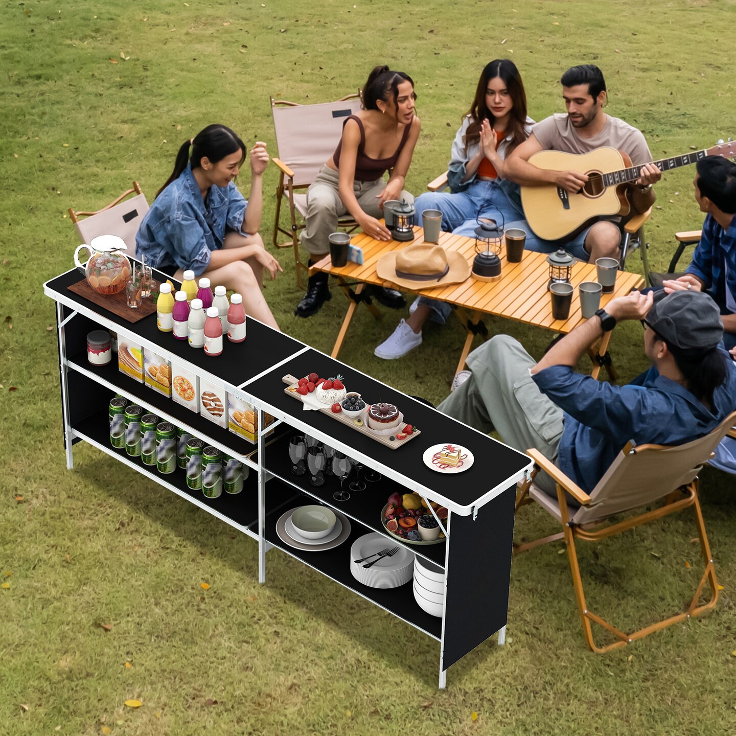 Aluminum Portable Picnic Table with 2-Tier Open Shelves and Spacious ...