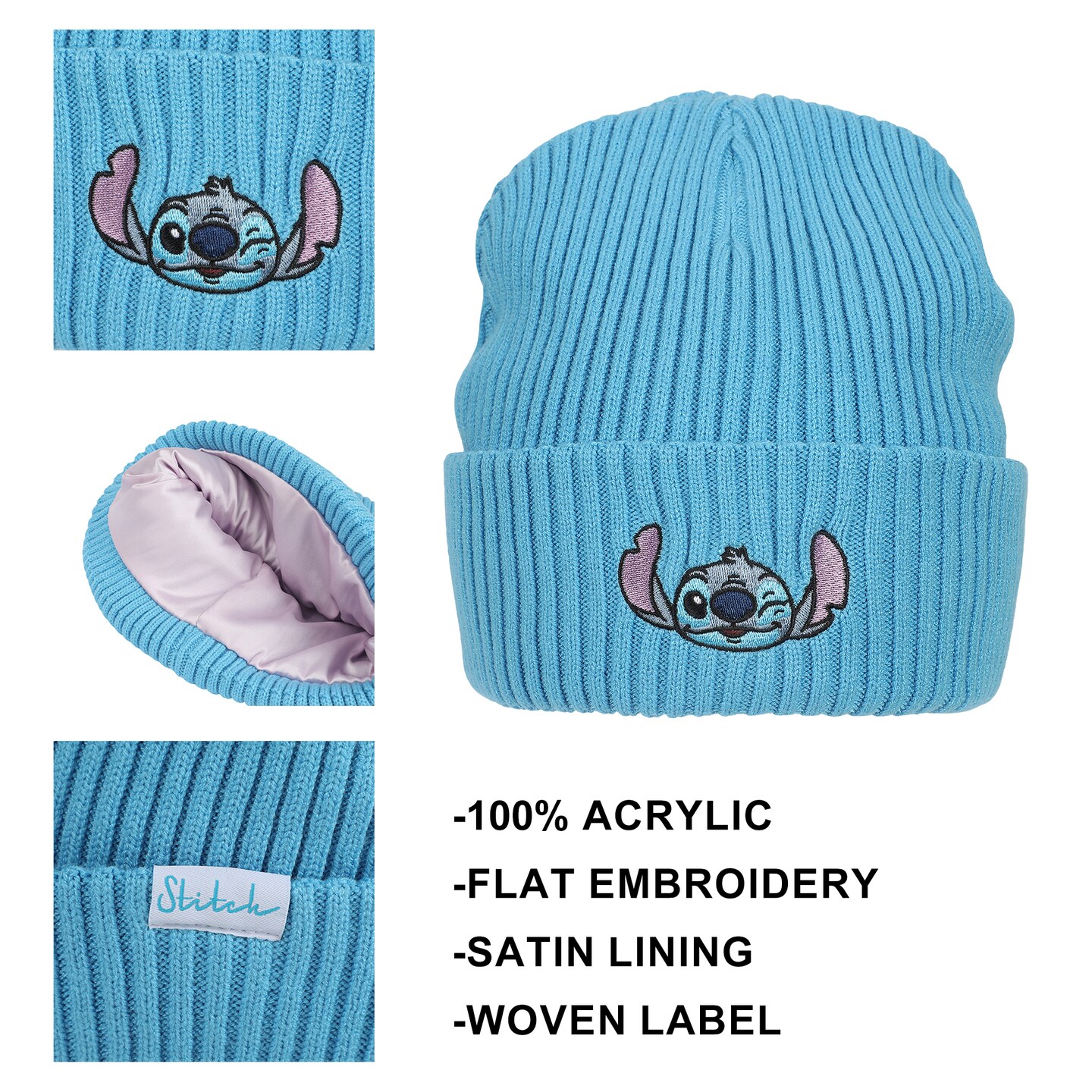 Lilo & Stitch Ribbed Knit, Embroidered Stitch On Blue Cuff Beanie ...