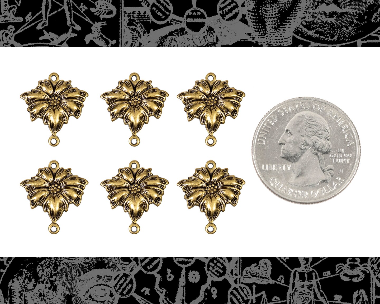 Antiqued Brass Delicate Flower Two Ring Connectors - Set of Six - AB ...