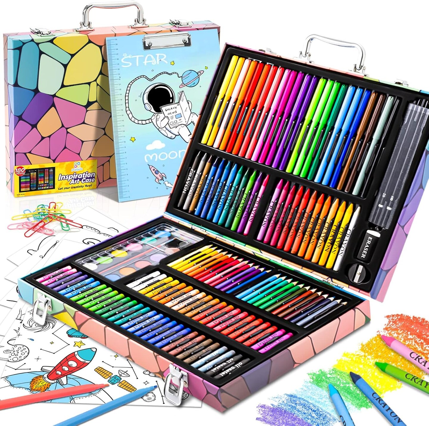 Art Supplies 180 Piece Drawing Painting Art Kit with Clipboard and Colouring Papers Gifts Art Set Case with Oil Pastels Crayons Coloured Pencils