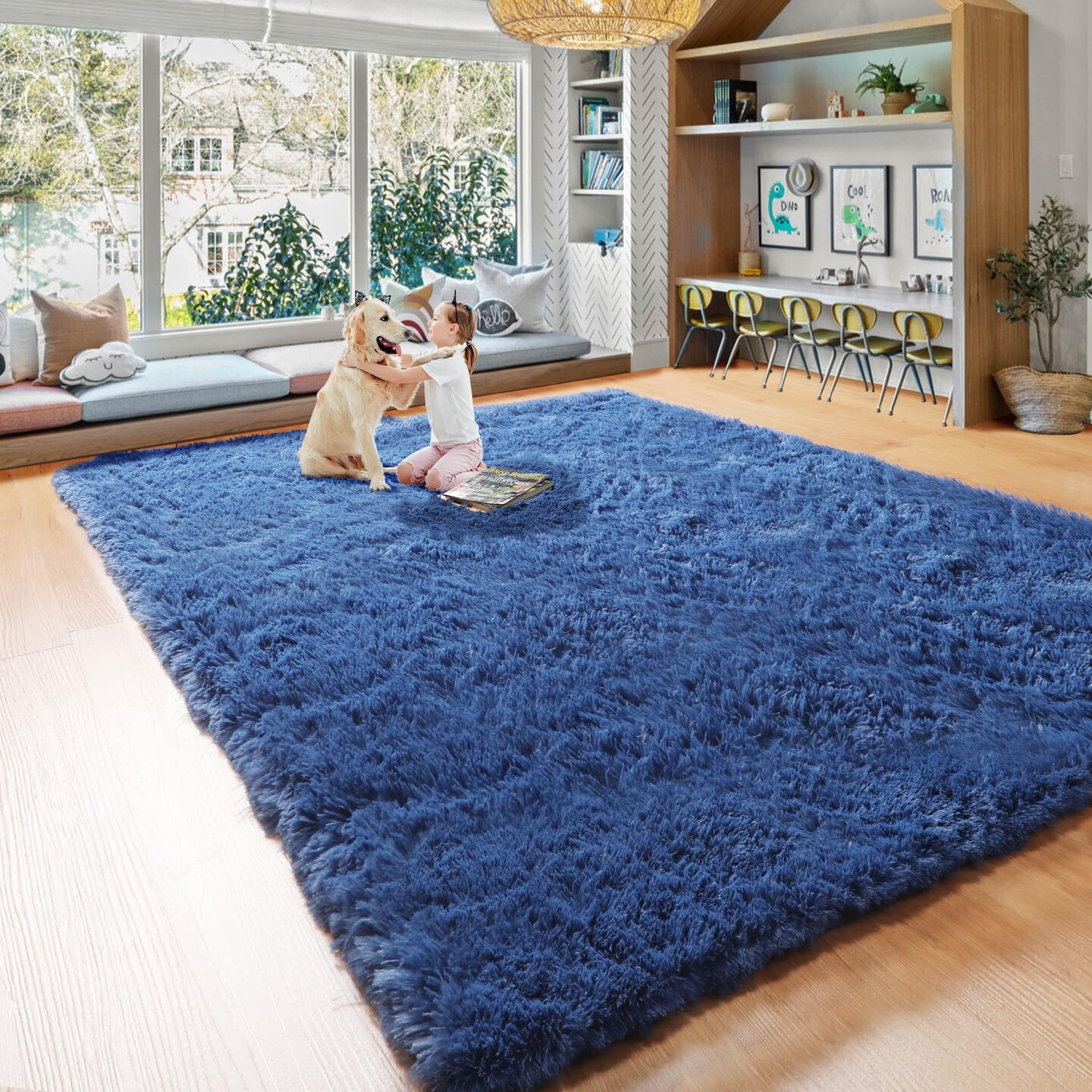 SAZAMI Fluffy Soft Shaggy Area Rug 5x8 Navy Blue Royal Non Slip Neutral Rug for Living Room Bedroom Decor Aesthetic Big Modern Thick Rugs for Nursery Playroom Plush Fuzzy Carpet for Kids Girls