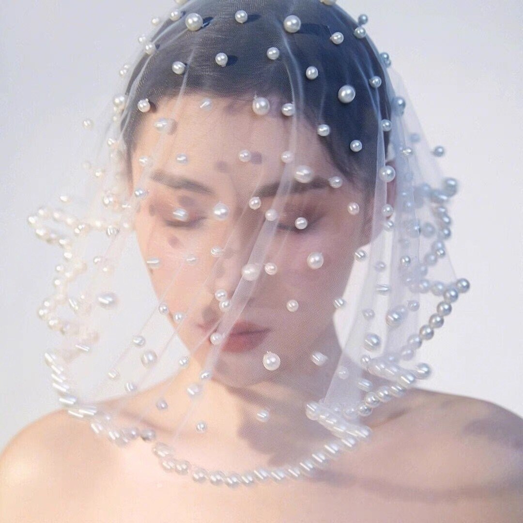 Handmade pearls wedding veil Bridal modern veil Simple Veil Single ...