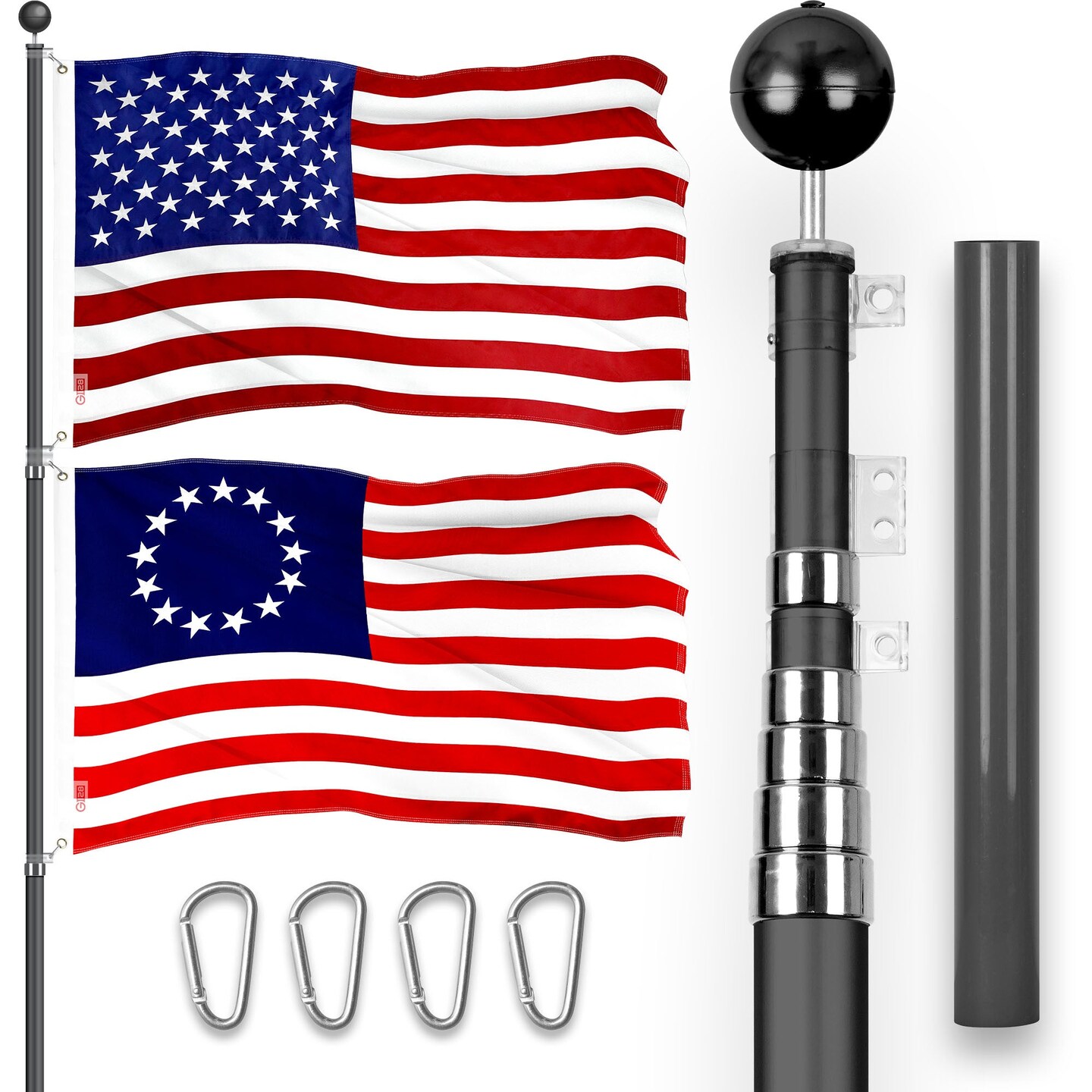 G128 Combo Pack: 25 Ft Telescoping Aluminum Flagpole (Black) & American ...