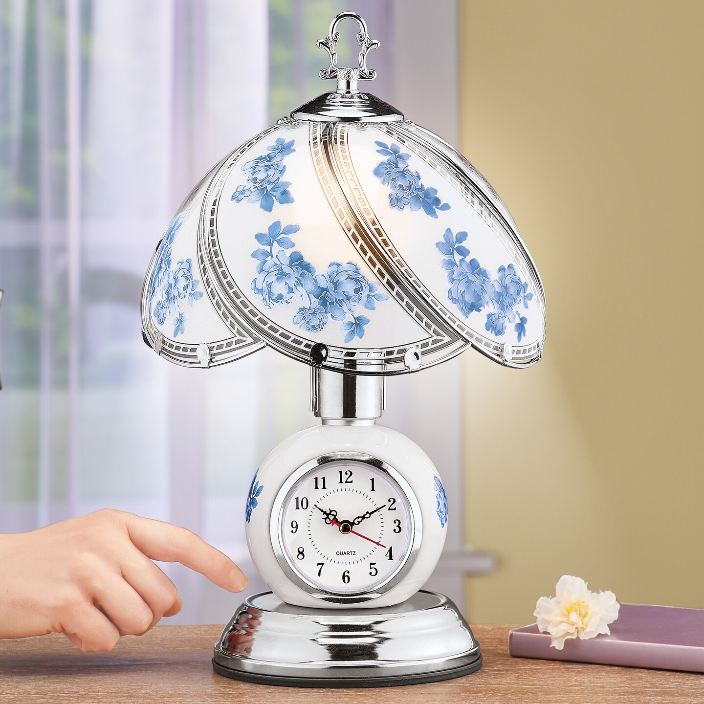 Collections Etc Rose Glass Panel Touch Lamp with Analog Clock | Michaels