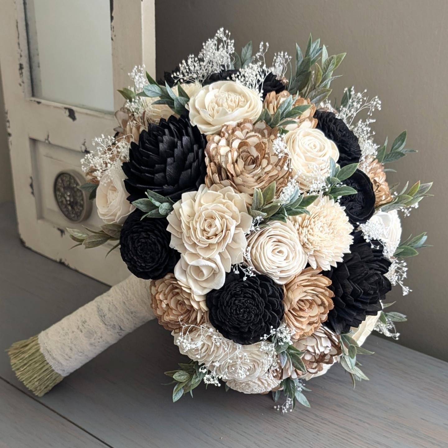Black, Natural, and Ivory Sola Wood Flower Bouquet with Baby's Breath ...