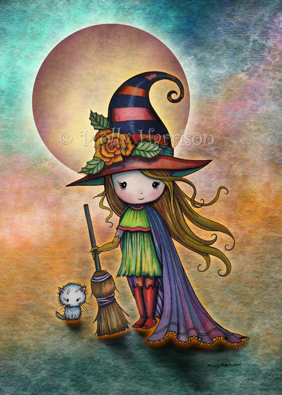 Little Halloween Witch and White Cat - Cute Halloween Art Fantasy ...
