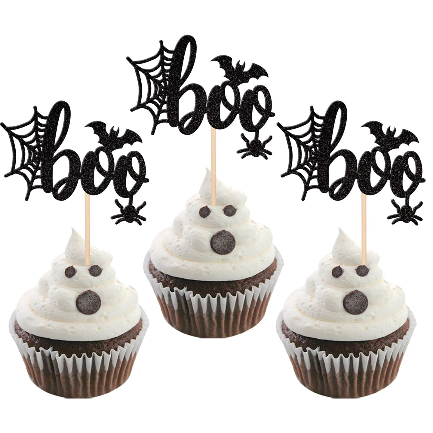 24 PCS Halloween Boo Cupcake Toppers Glitter Spider Web Bat Cupcake ...