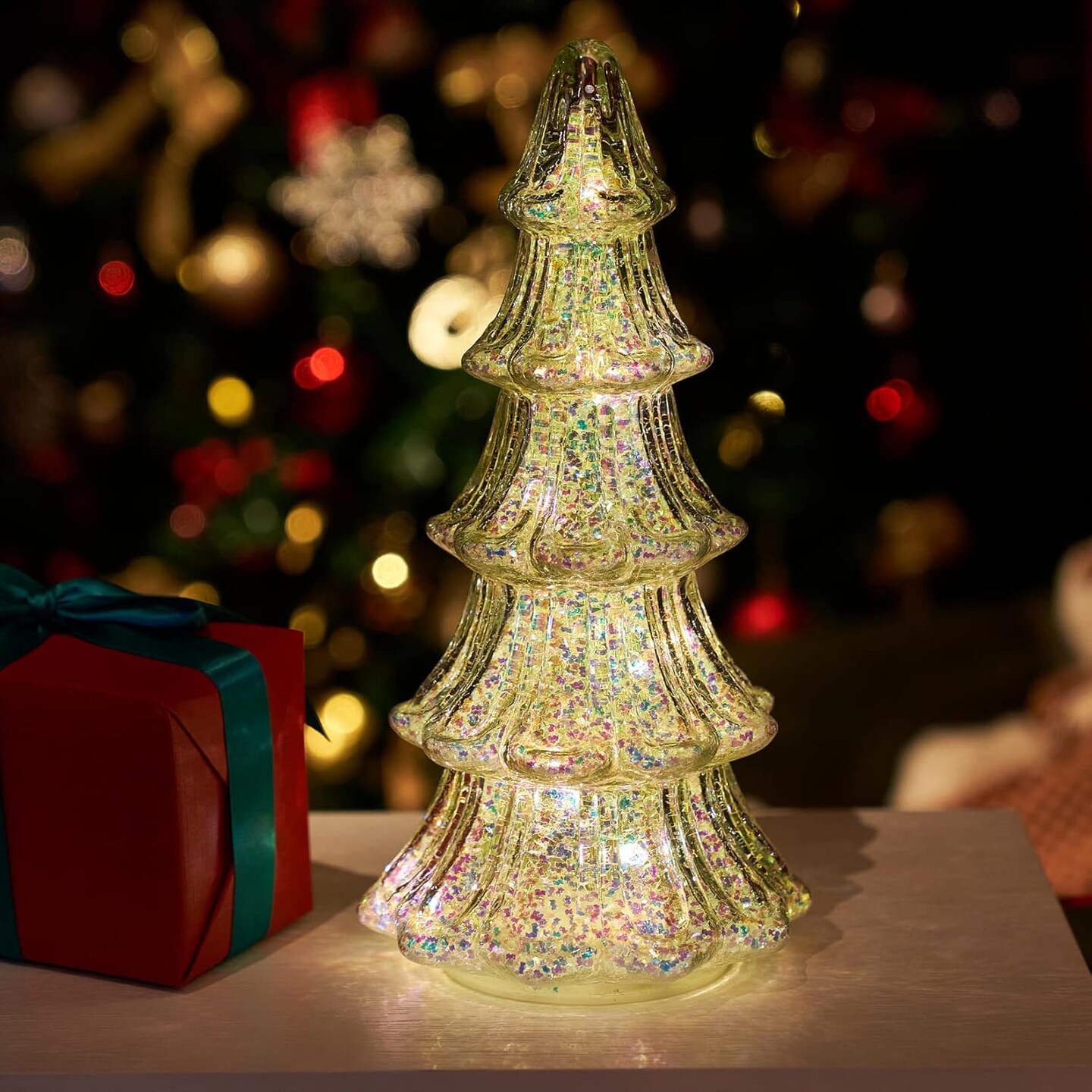 Glass Christmas Tree Battery Operated Timer Lighted Silver Xmas Trees ...