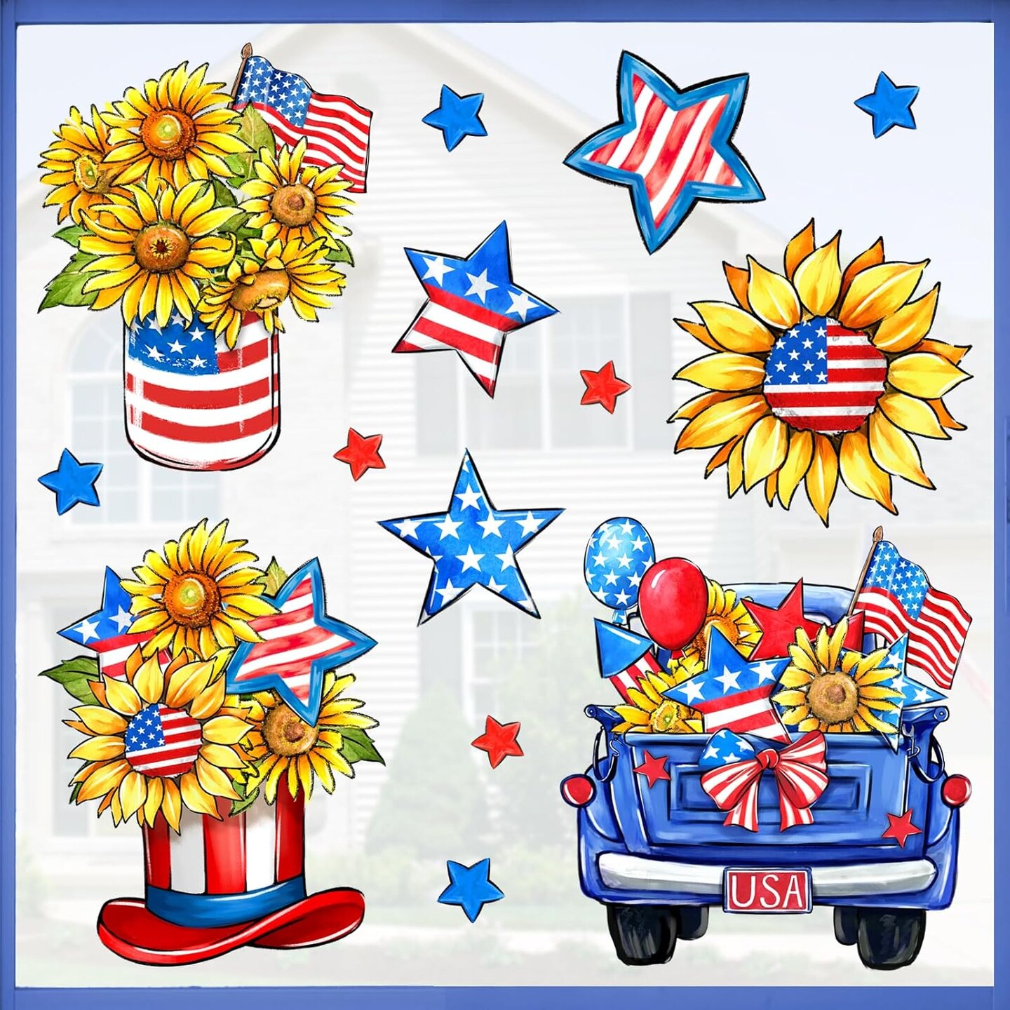 4th of July Patriotic Window Clings 4 Sheets (4th of July Sunflower ...