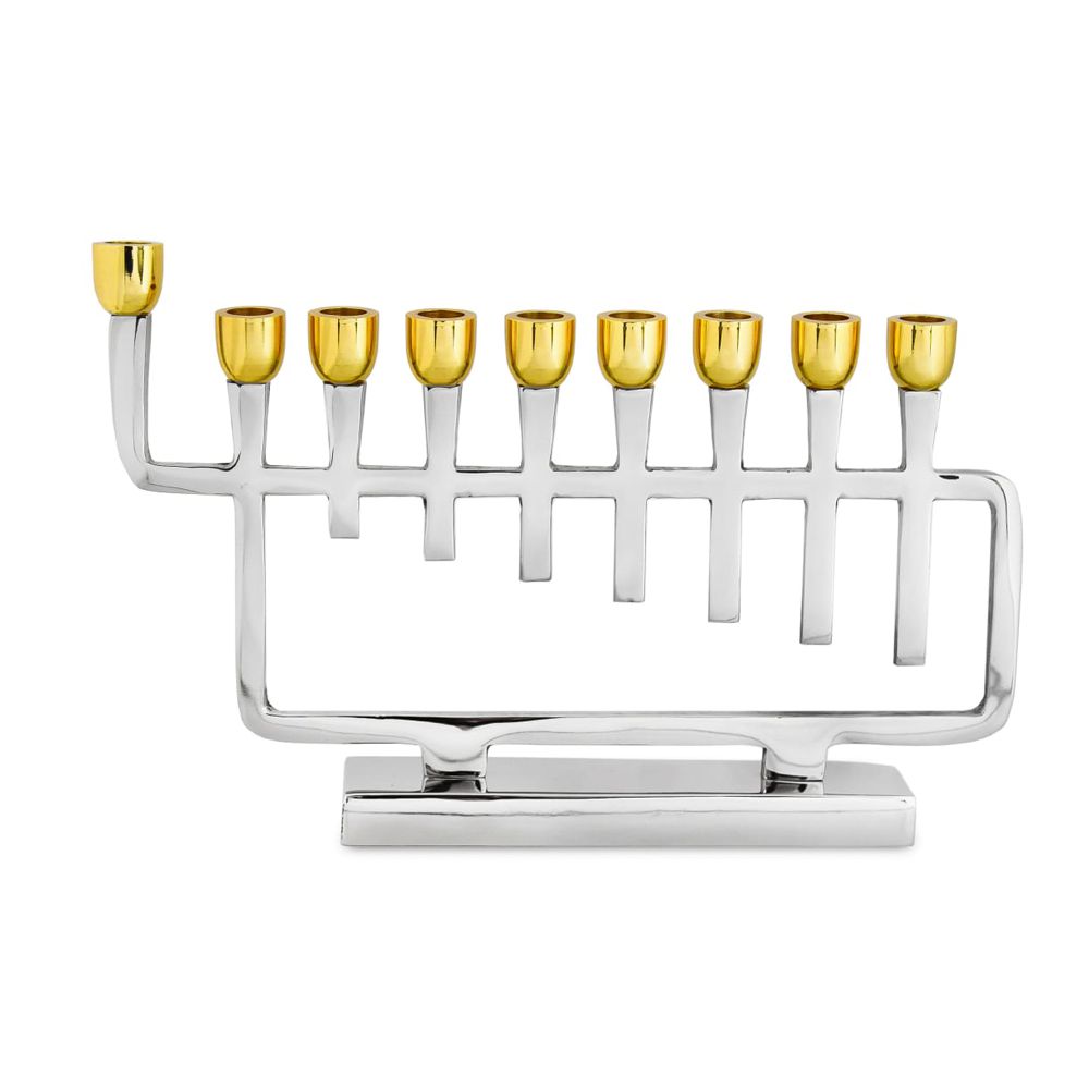 Polished Silver Metal Menorah with Gold Candle Cups By Kinor Decor ...