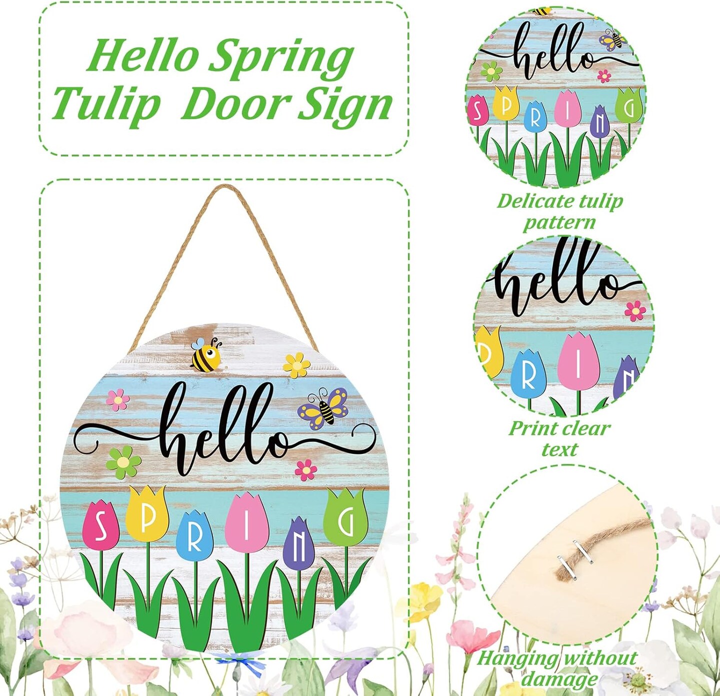 Hello Spring Decor Tulip Wreath Front Door Sign Round Wreath Rustic ...