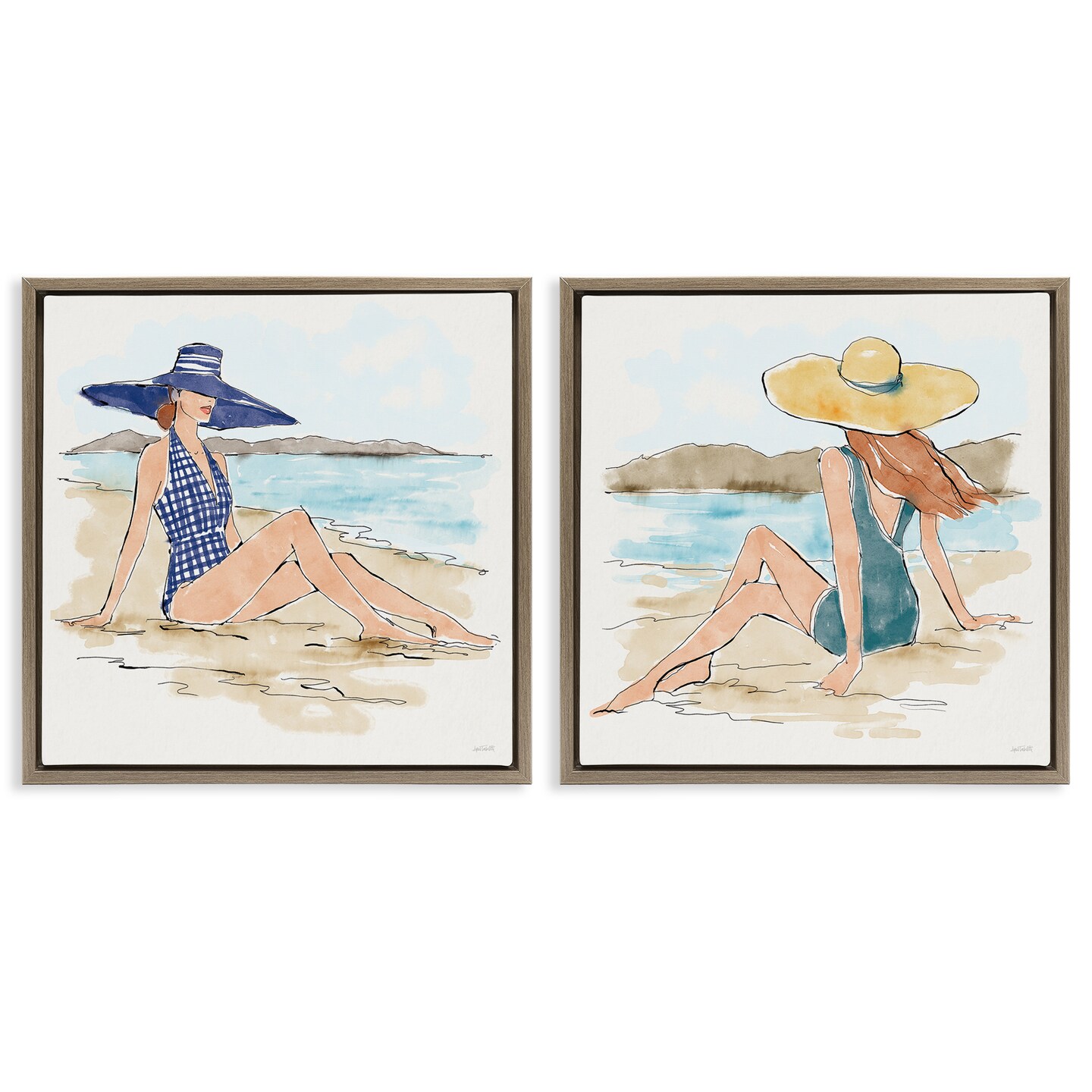 Stupell Industries Bathing Beauties on Beach 2pc Floater Framed Canvas ...