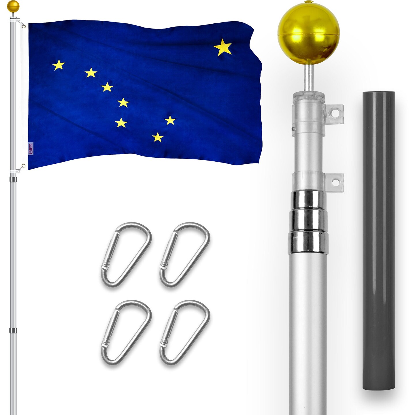 G128 Combo Pack: 16 Ft Telescoping Aluminum Flagpole (Silver) & Alaska ...