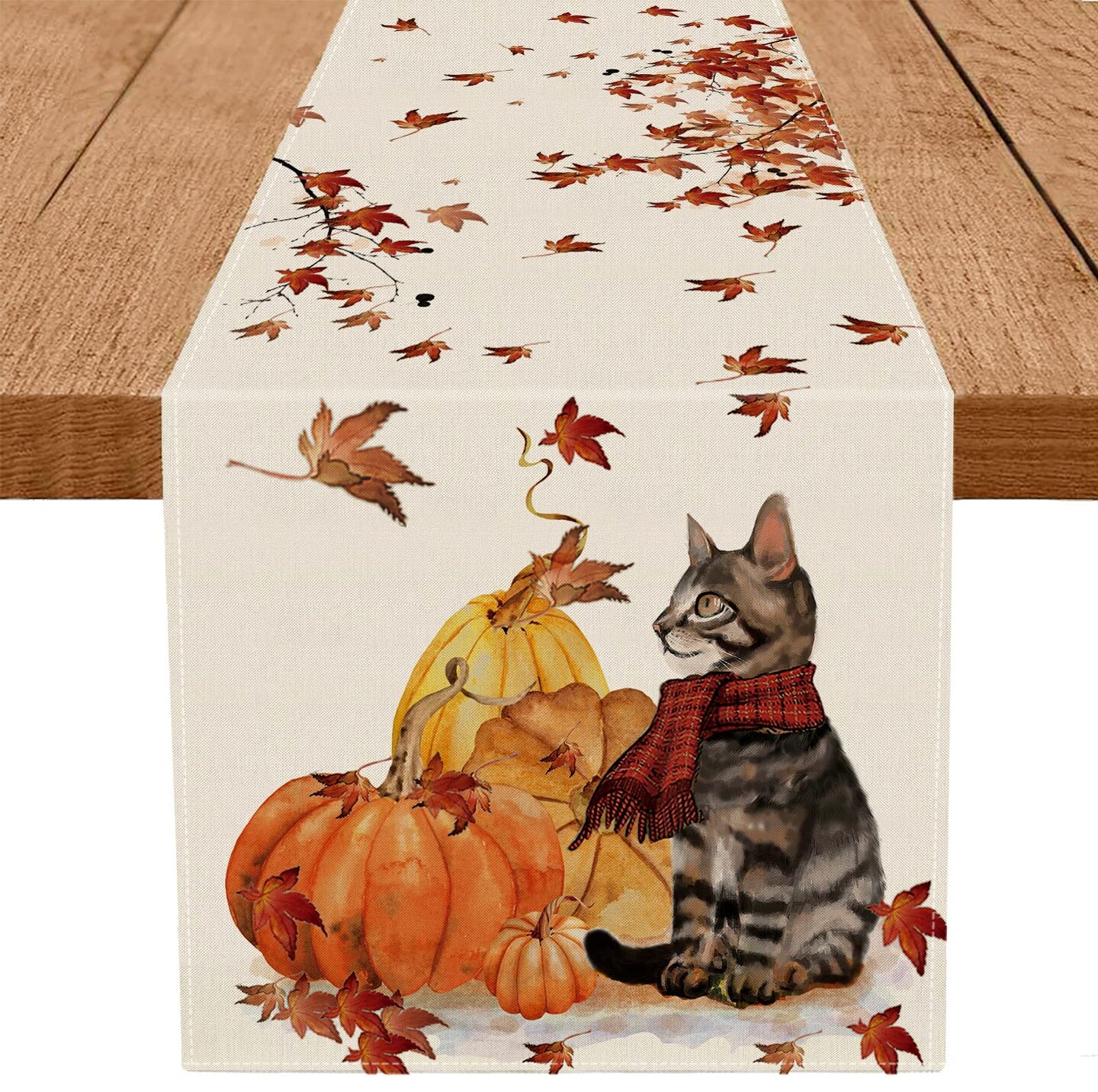 Fall Table Runner Pumpkins Cat Maple Leaf Autumn Harvest Seasonal ...
