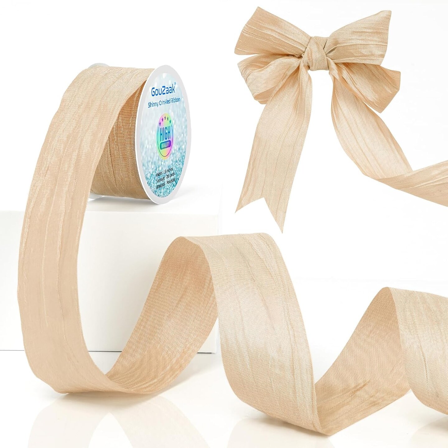 1.5 Inch x 25 Yards Champagne/Khaki Fabric Crinkled Ribbon,Silk-Like ...