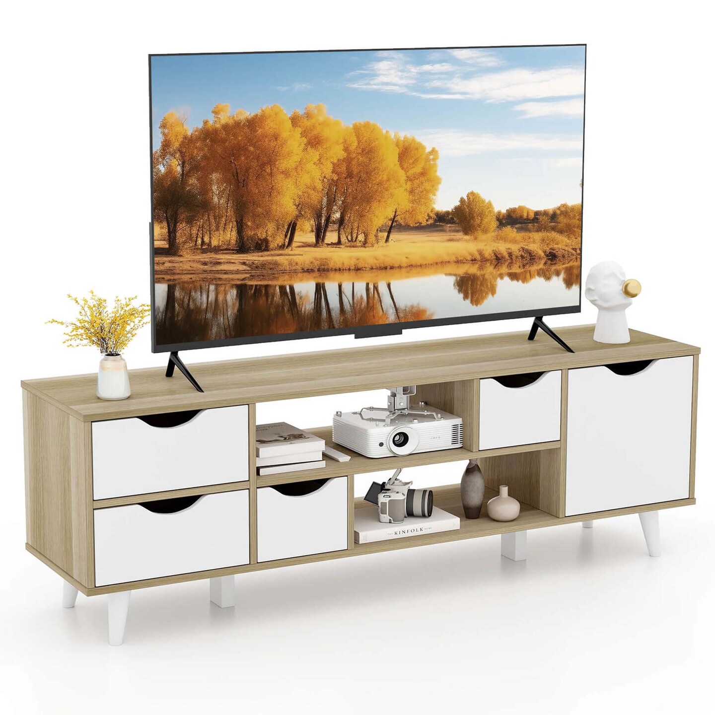 Costway TV Stand for TVs up to 55" with Storage 4 Drawers & 2 Open ...