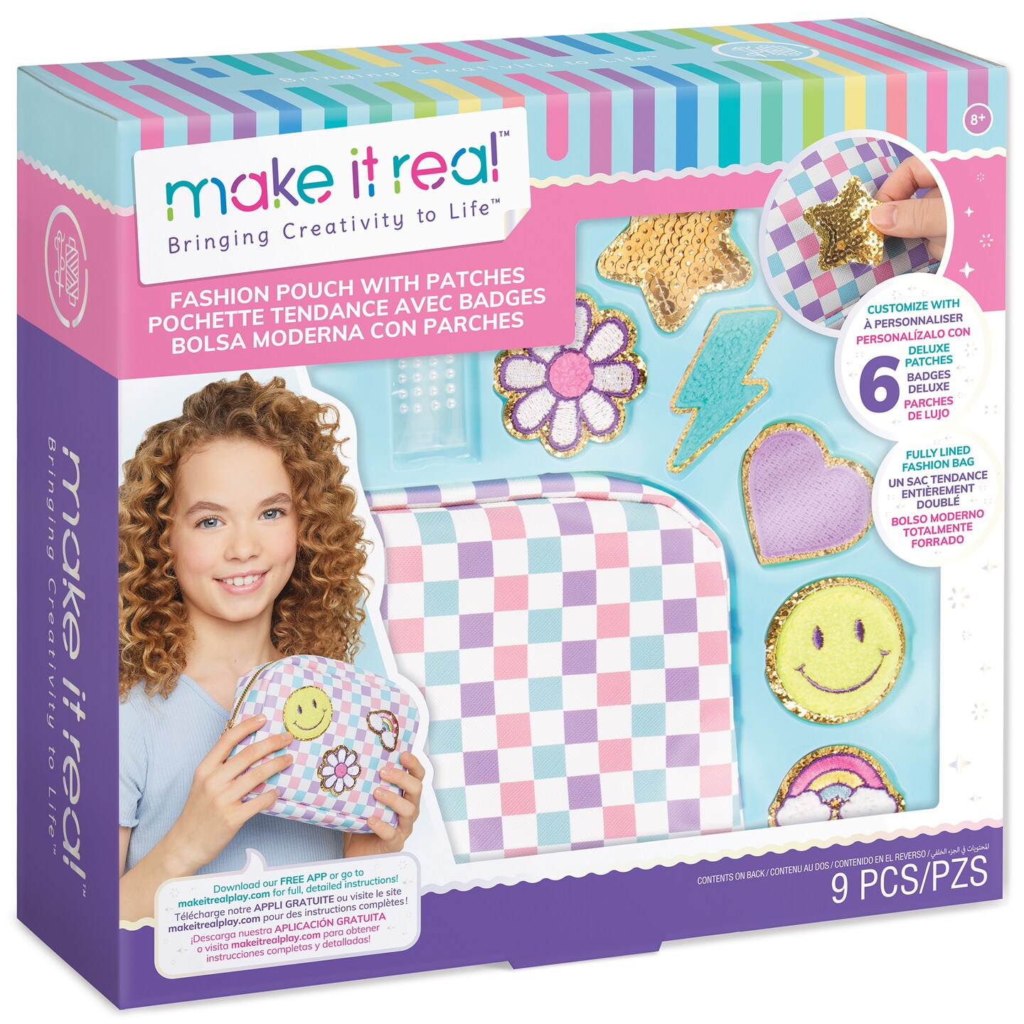 Make It Real: Fashion Pouch With Patches - 9pcs, Checkered Pink, Blue ...