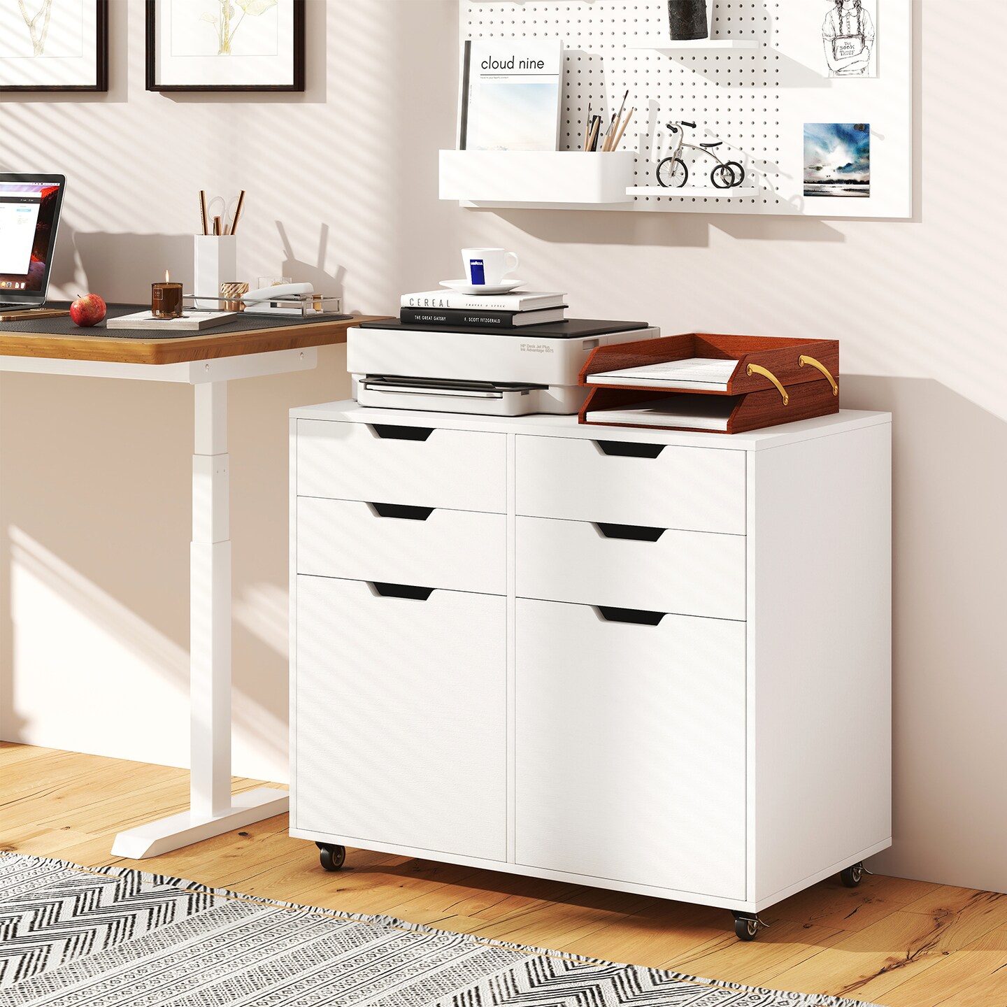 White MDF Mobile Filing Cabinet with Lockable Wheels and Storage ...
