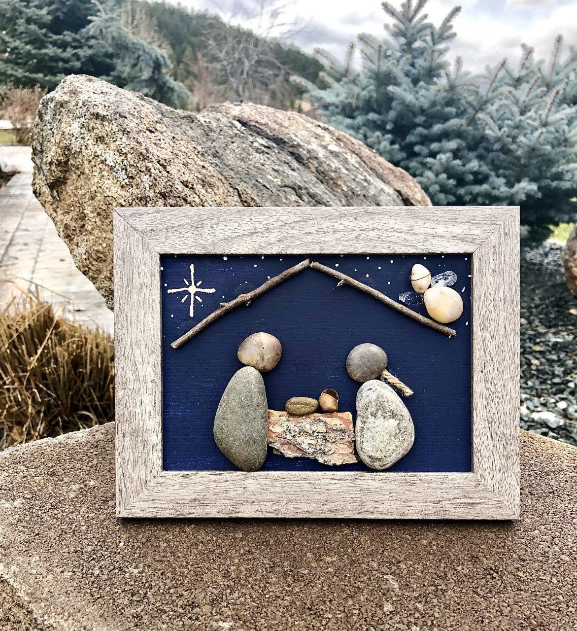 Rock Art nativity picture, Framed rock art nativity, Christmas pebble ...