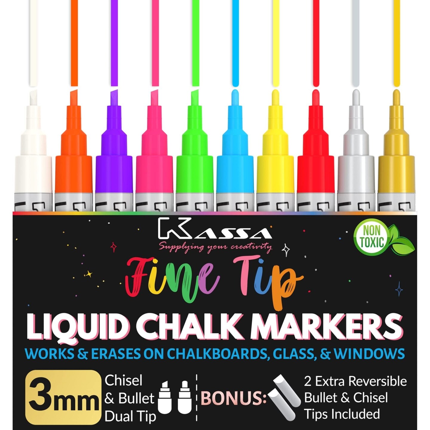 Kassa 10-Pack Neon Multicolor Chalk Markers | Includes Reversible ...