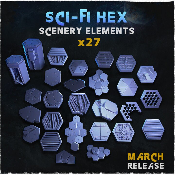 27pc Sci-fi Hex Scenery Elements Basing Bits 28mm 32mm Basing Materials ...
