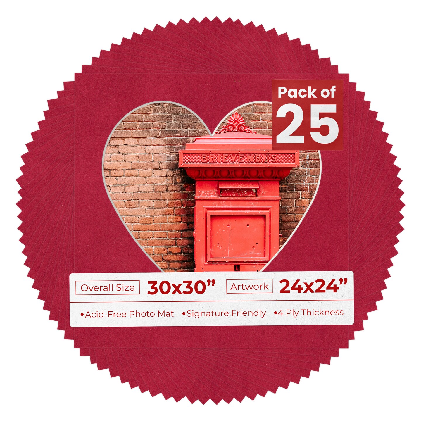 Red Suede Mat Board for 30x30 Frames - Heart Opening for 24x24 Photos ...