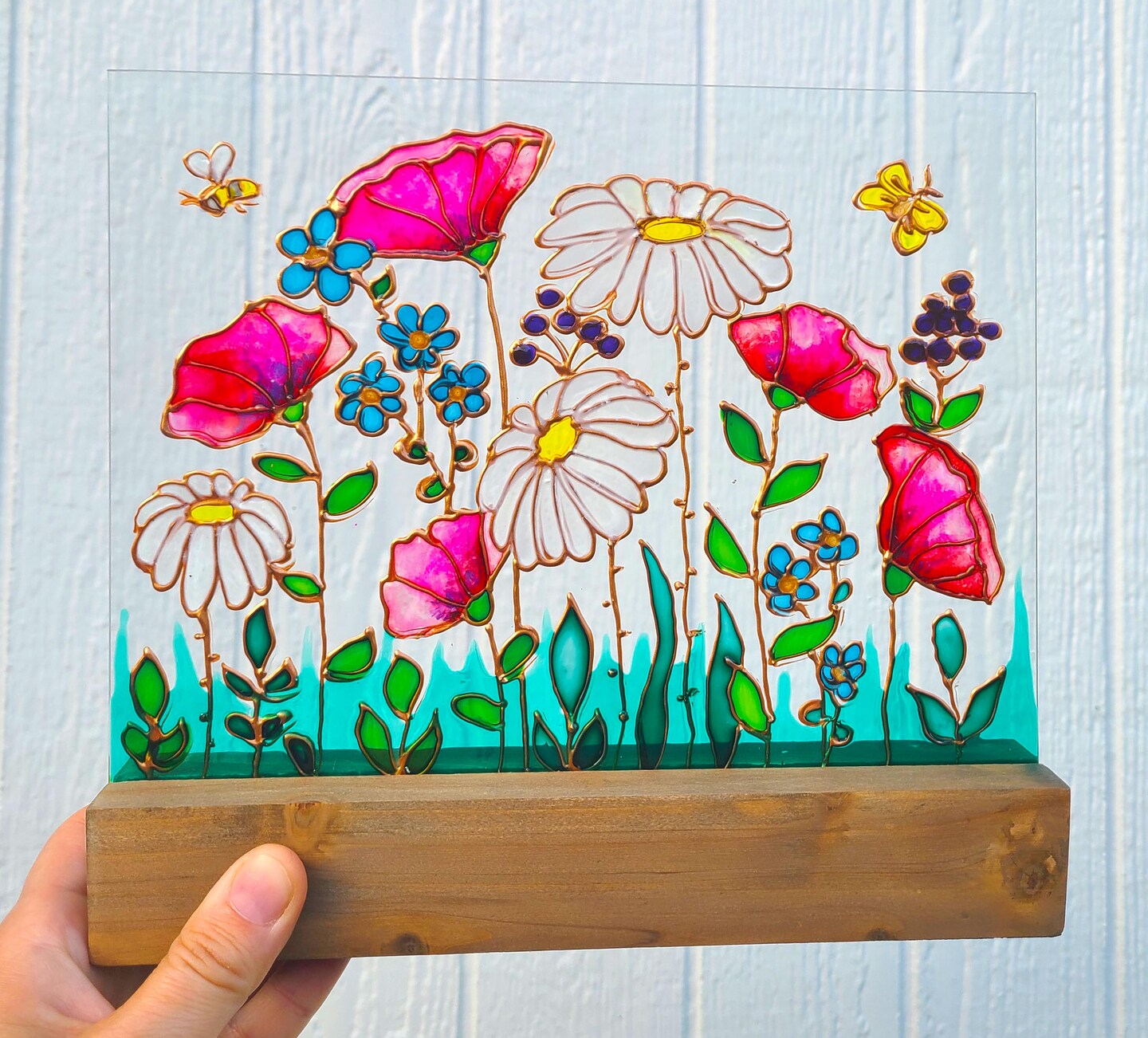 Vibrant Stained Glass Meadow Scene: Poppies, Daisies, Bees, Butterflies ...